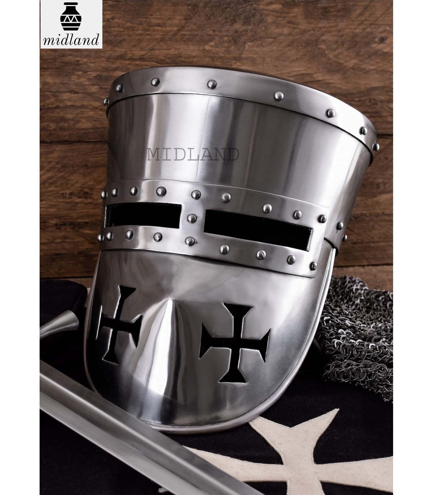 Armory Replicas Crusader 16g Pot Helmet With Templar Face Guard Silver ...