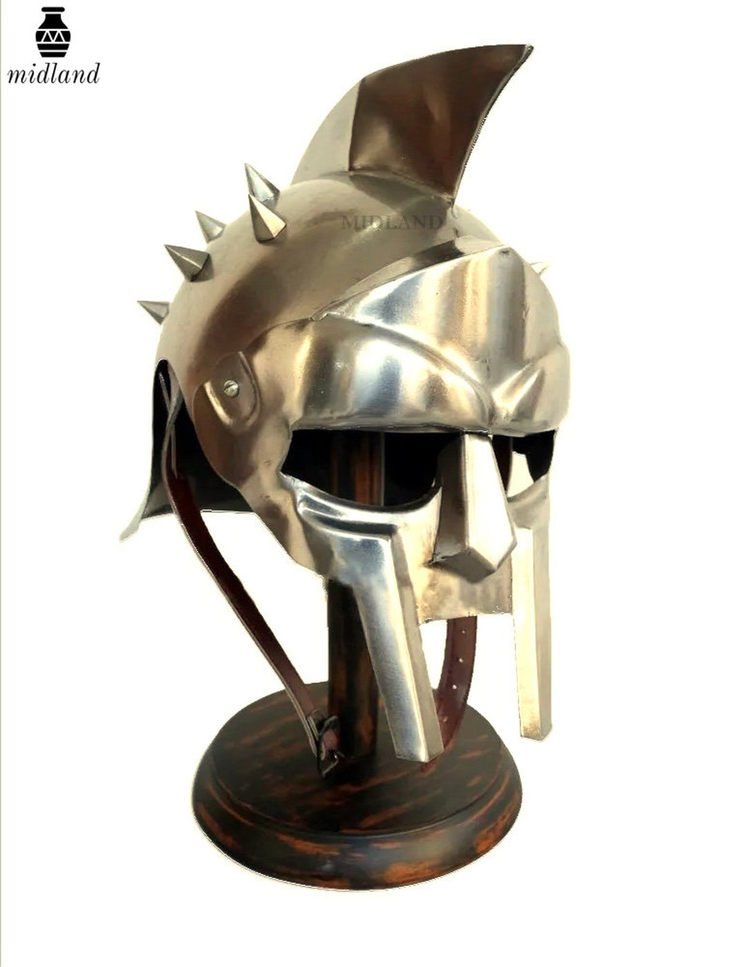 Medieval Vintage Steel Spiked Gladiator's Helmet Face Mask With Wooden ...