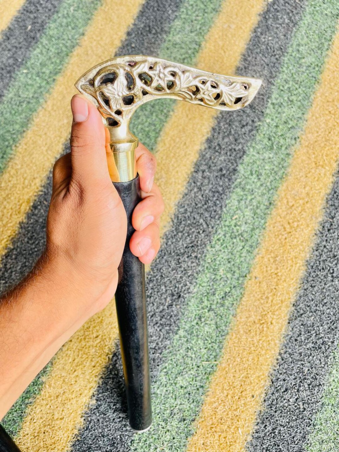 Wooden Walking Cane 36 Floral Carved Brass Handle Handmade Wooden Stick ...