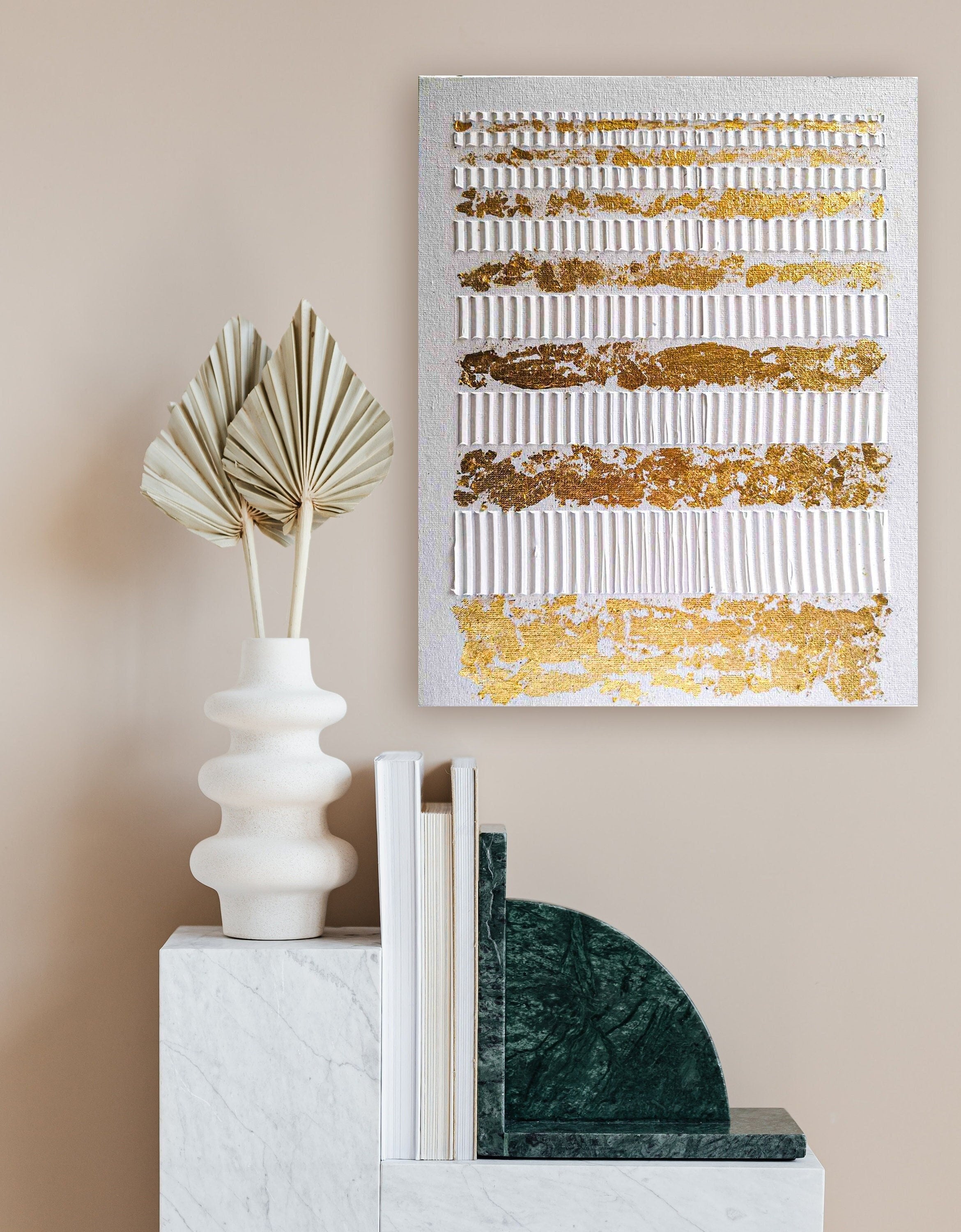 Gold & White Lines Textured Plaster Wall Art | Gold Lines Wall Decor ...