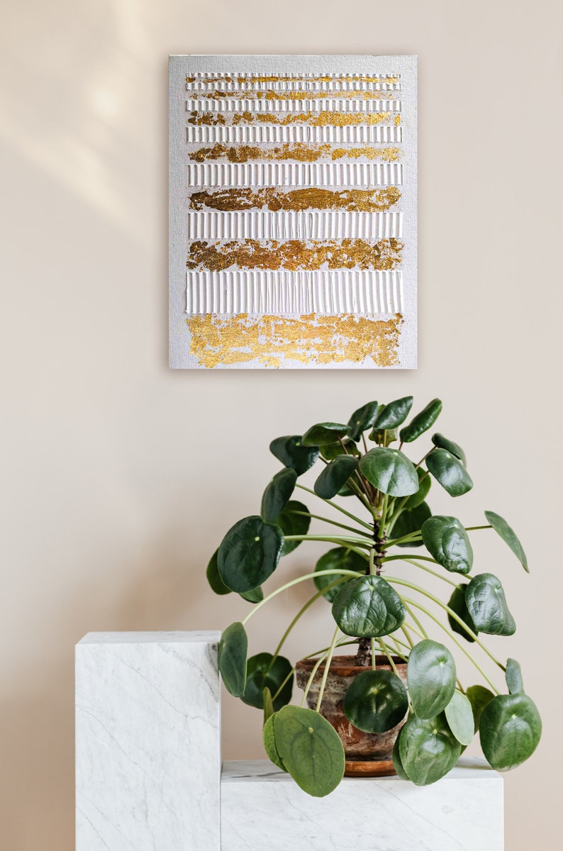 Gold & White Lines Textured Plaster Wall Art | Gold Lines Wall Decor ...