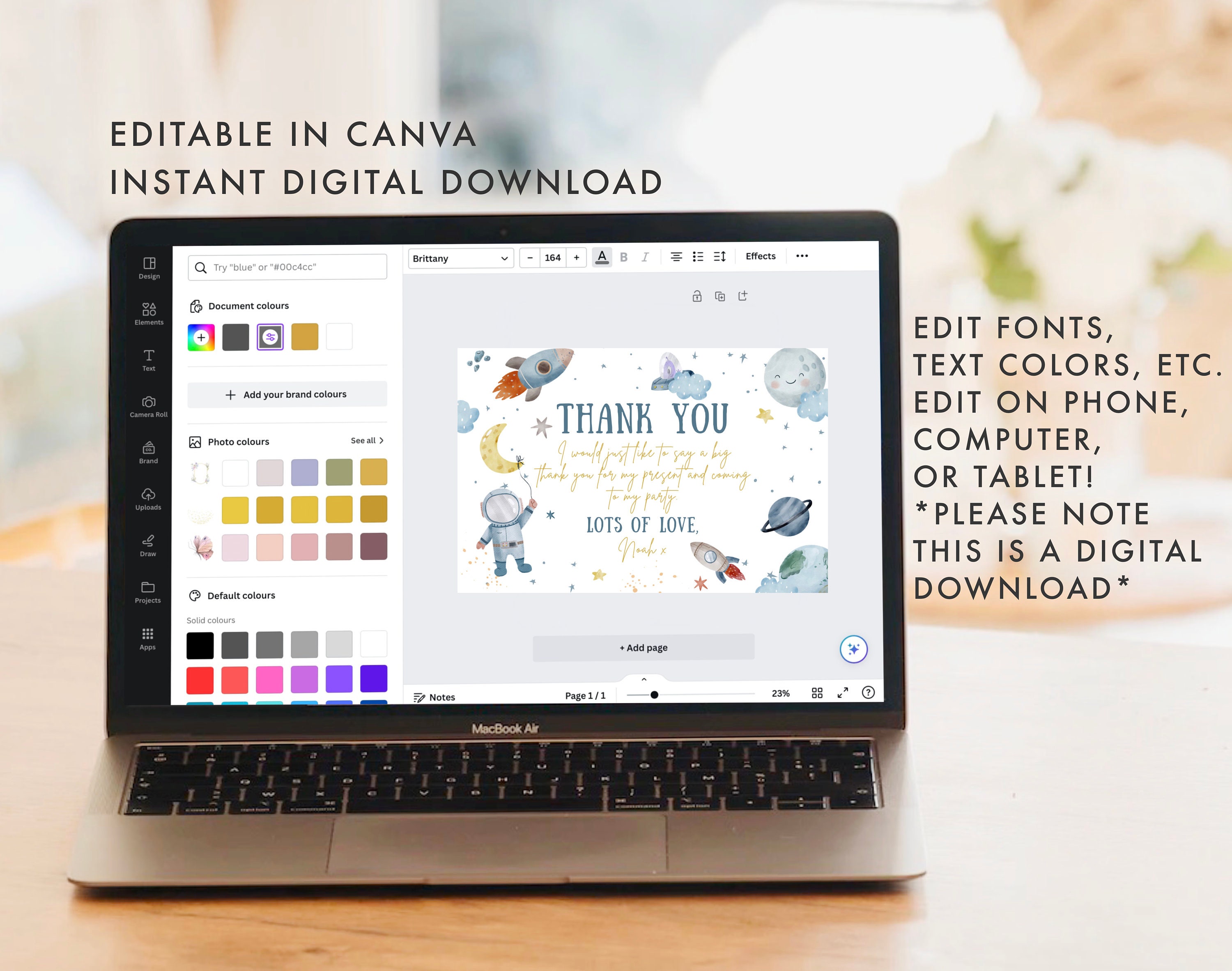 Editable Thank You Cards Birthday Party Thank You Card Template Space ...