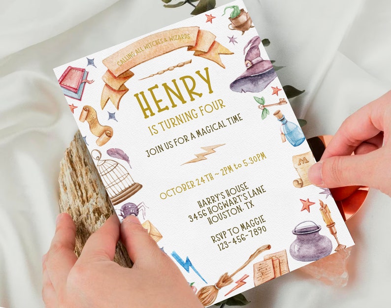 Wizard Birthday Editable Invitation Template Magical Wizard Watercolor ...