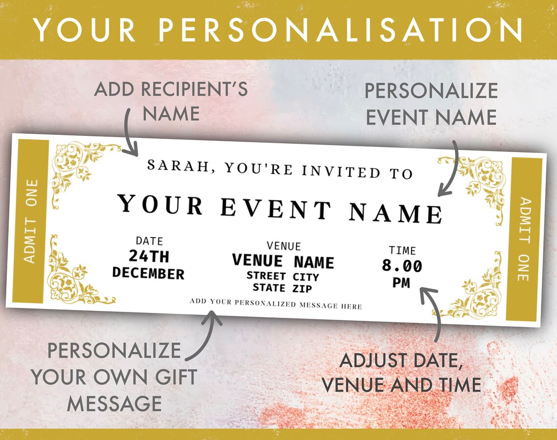 EDITABLE Event Ticket Template, Gift for Her, DIY Event Printable ...