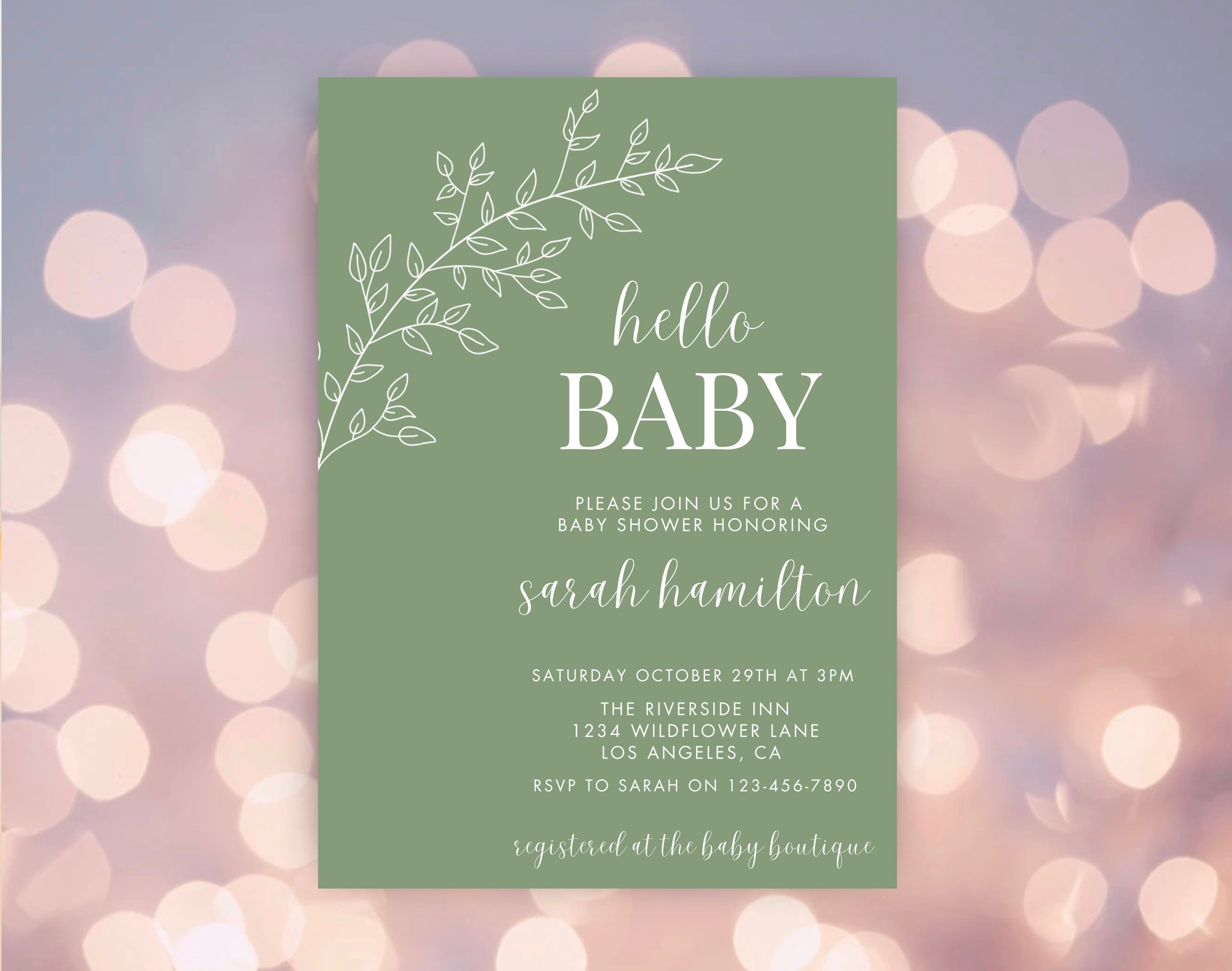 Sage Green Baby Shower Invitation Template Minimalist Hello Baby Baby ...