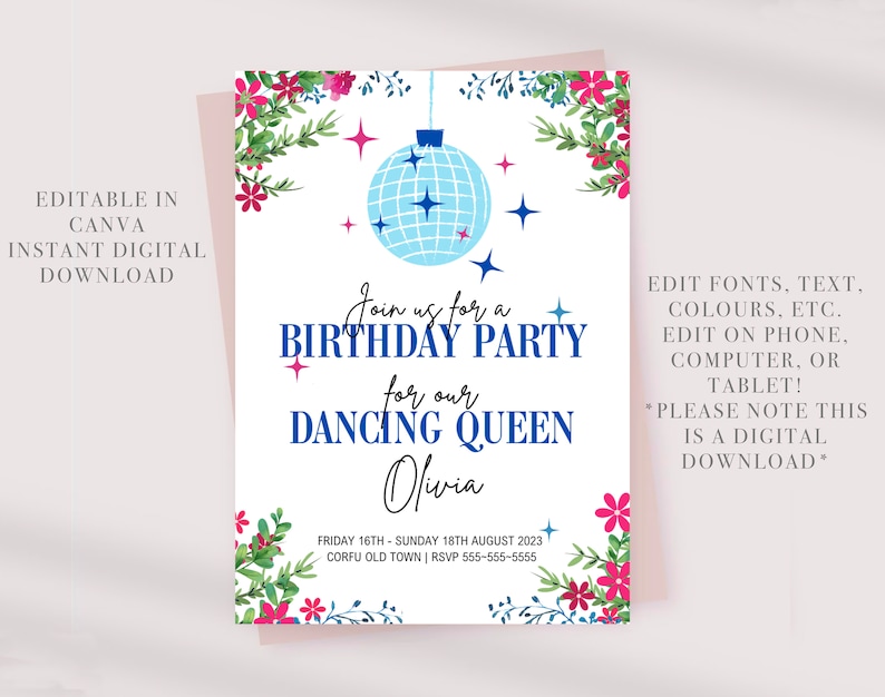 Dancing Queen Birthday Party Invitation Editable Download - Etsy UK