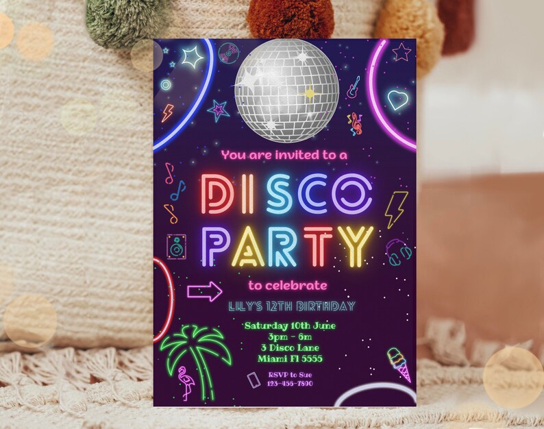 Disco Party Invitation Editable Disco Party Invitation Neon Glow Disco ...