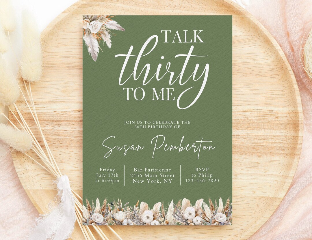 Boho 30th Birthday Invitation Sage Green Talk Thirty to Me 30th ...