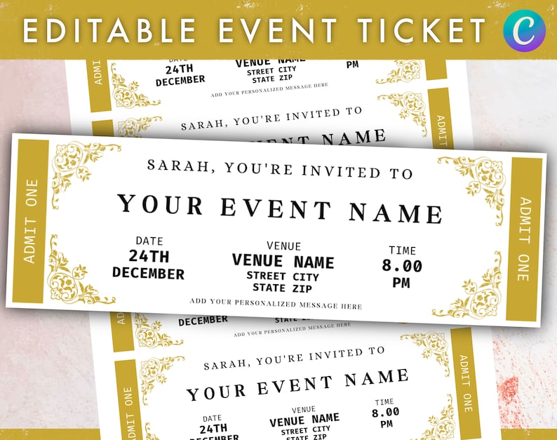 EDITABLE Event Ticket Template, Gift for Her, DIY Event Printable ...