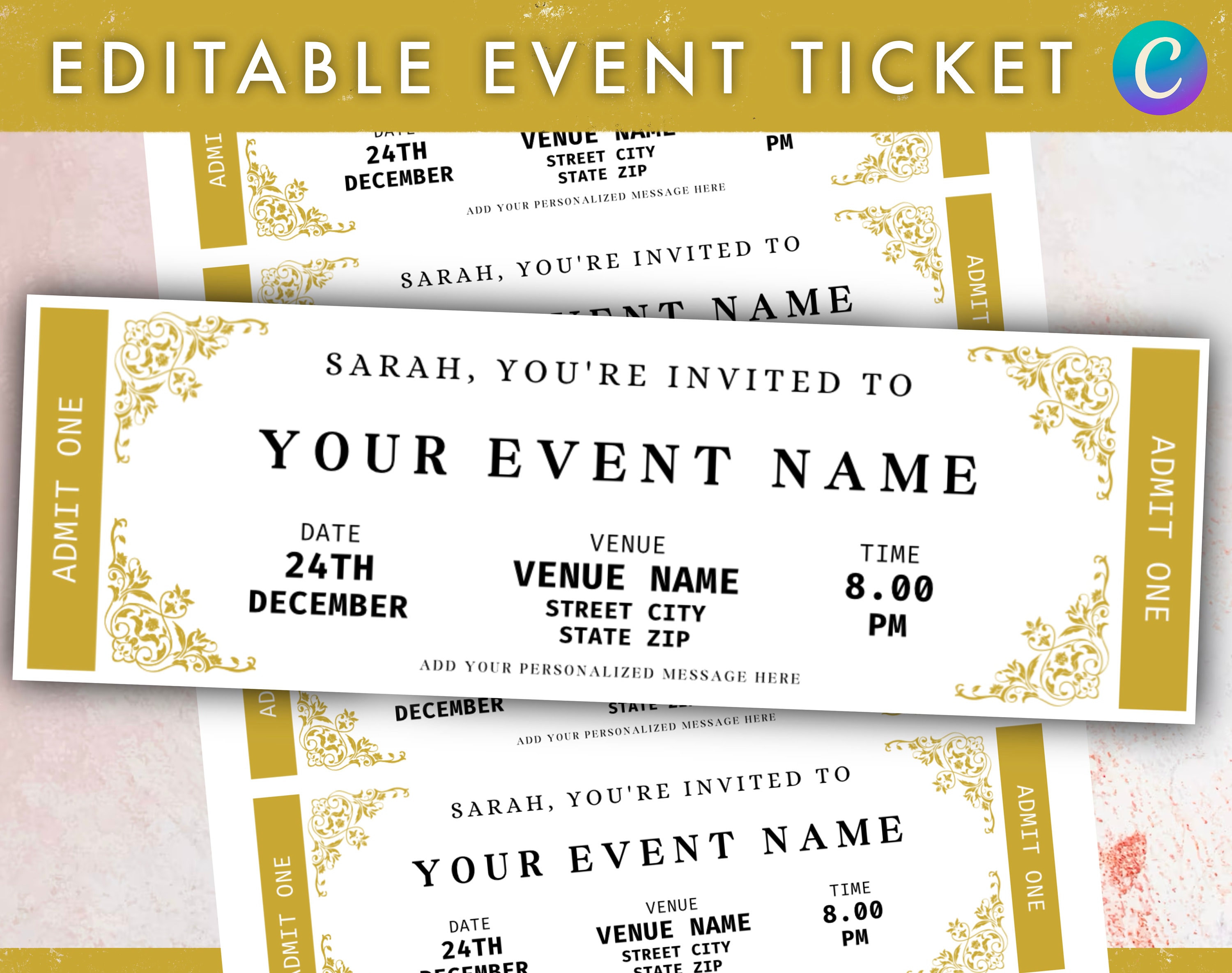 EDITABLE Event Ticket Template, Gift for Her, DIY Event Printable ...