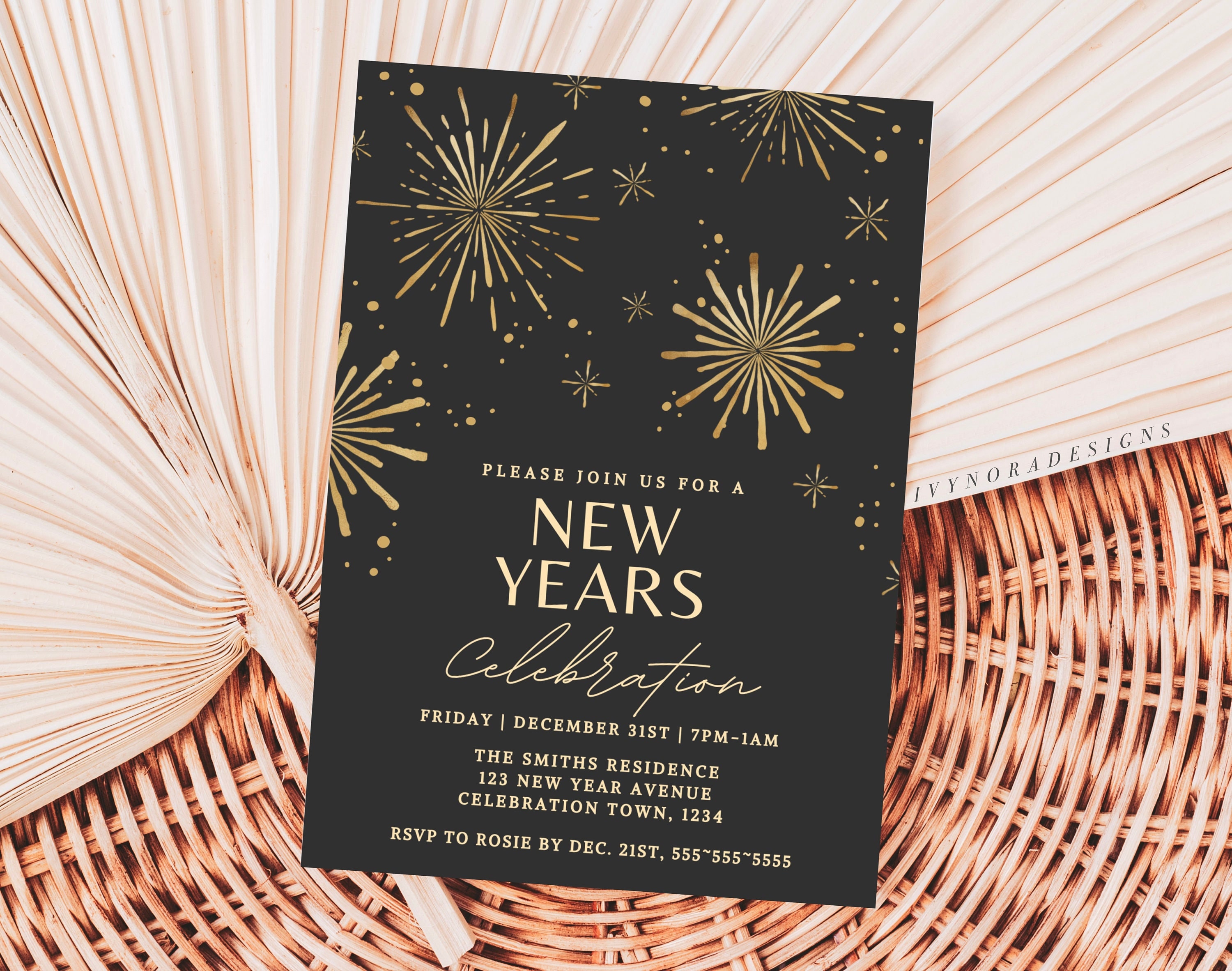 Firework New Years Invitation Template Black and Gold New Years 2024 ...