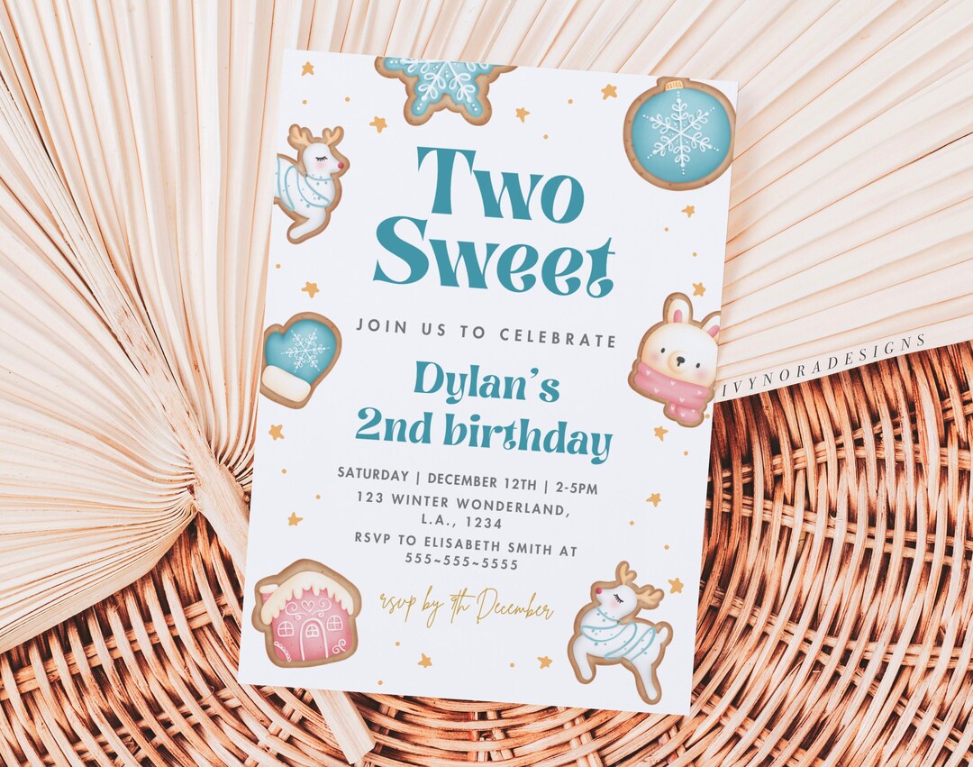 Two Sweet Second Birthday Blue Retro Christmas Invitation Template ...