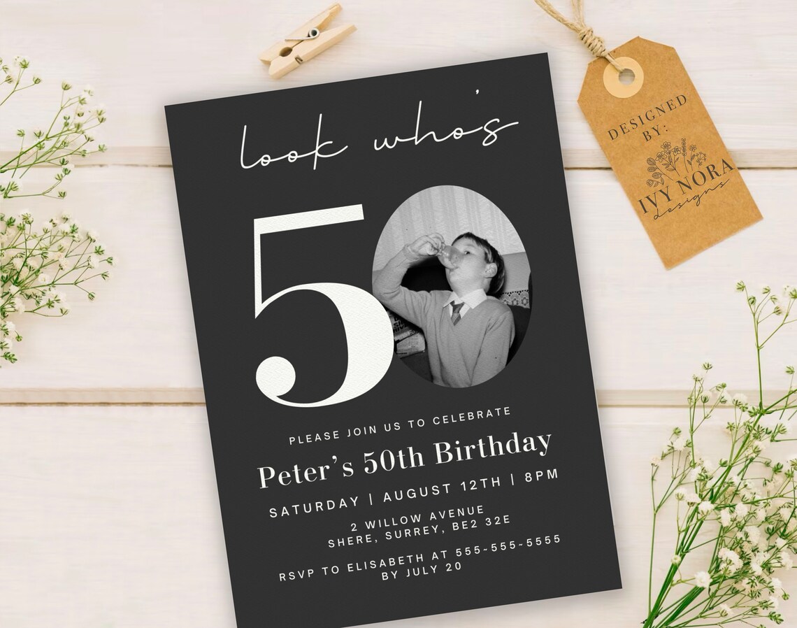 Unisex 50th Birthday Photo Invitation Any Age for Men for Women ...