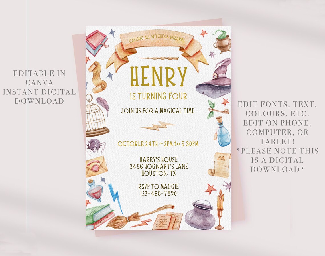 Wizard Birthday Editable Invitation Template Magical Wizard Watercolor ...