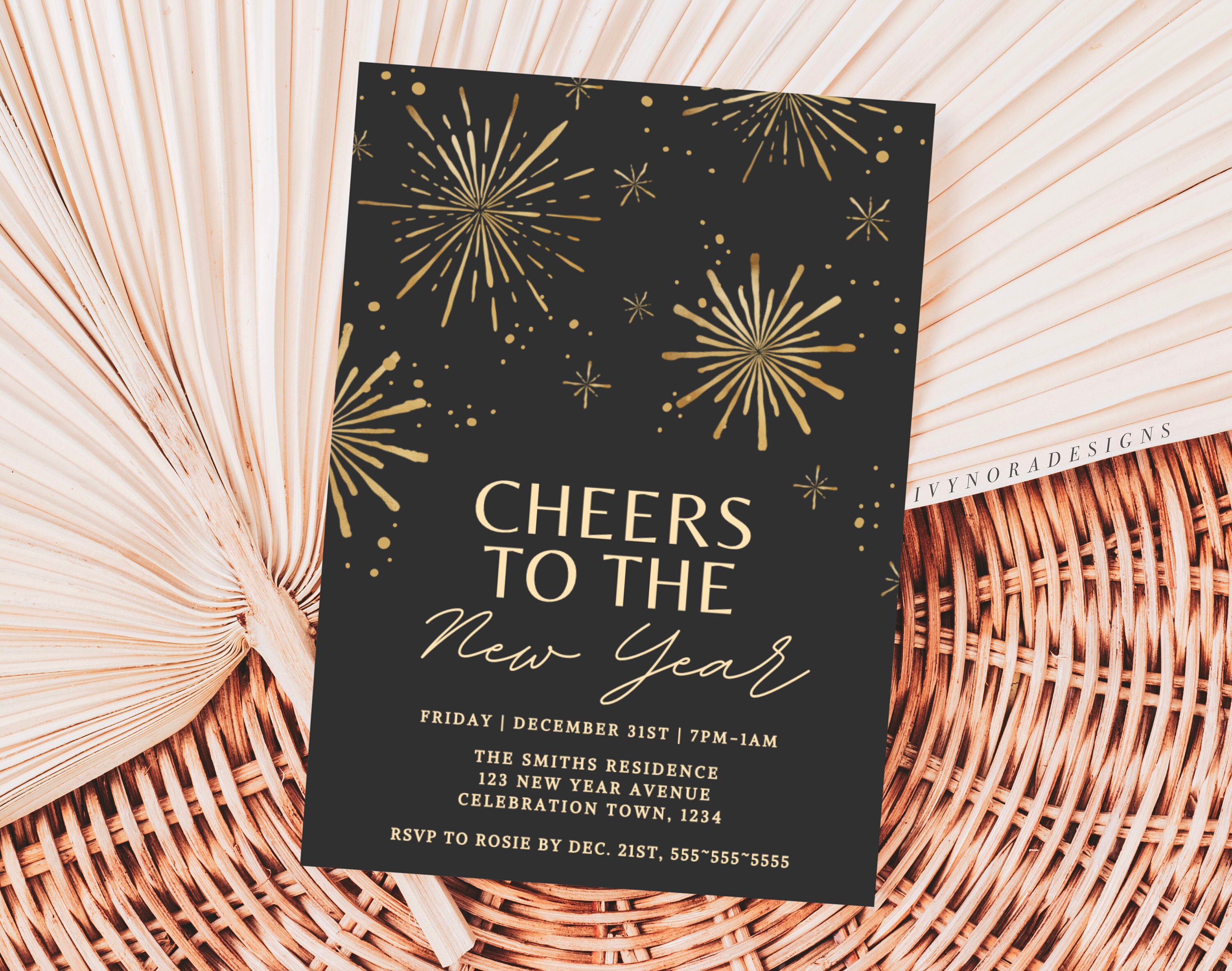 Gold Firework New Years Eve Invitation Template New Year Party Editable ...