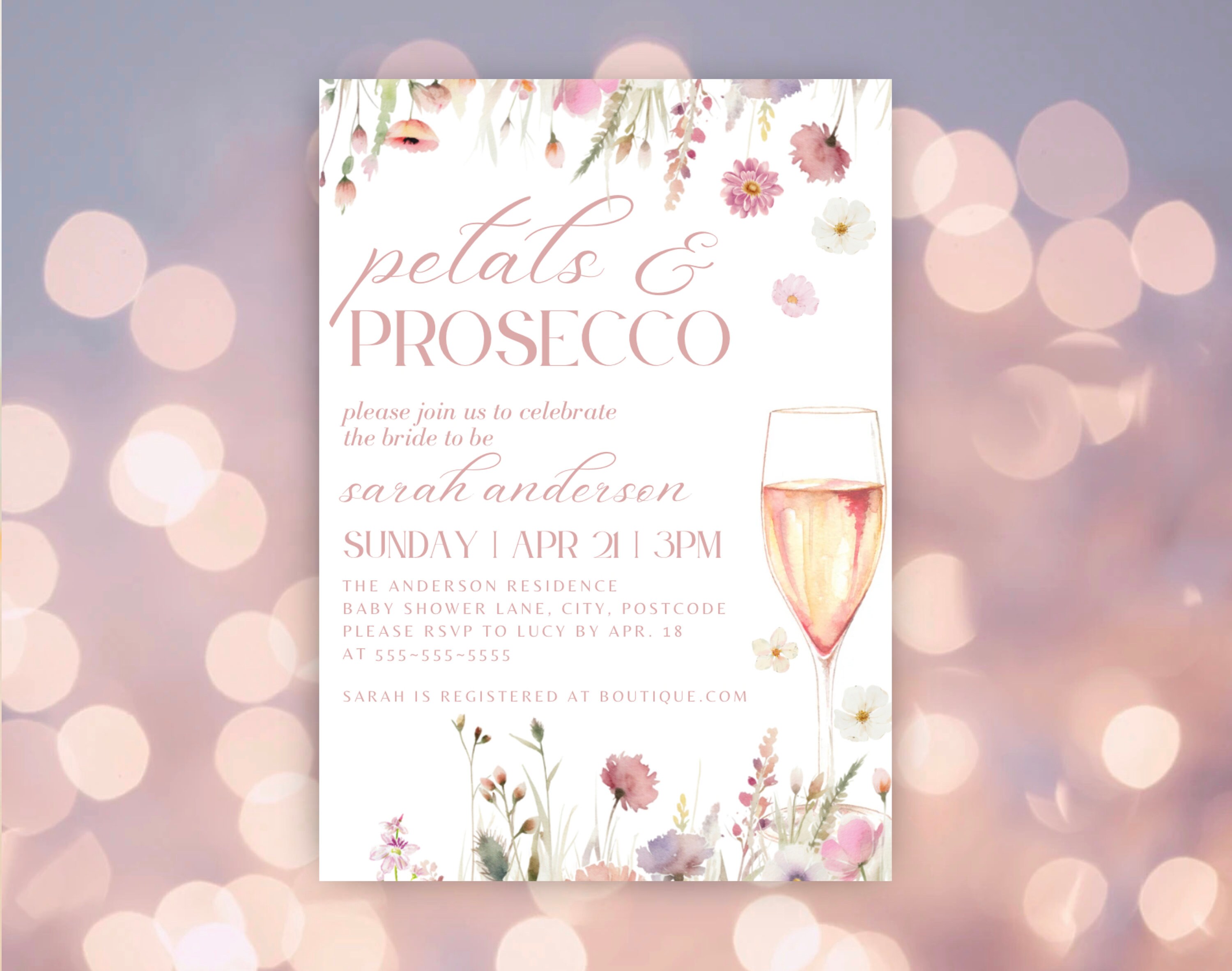 Petals and Prosecco Bridal Shower Invitation Template Pink Pastel ...