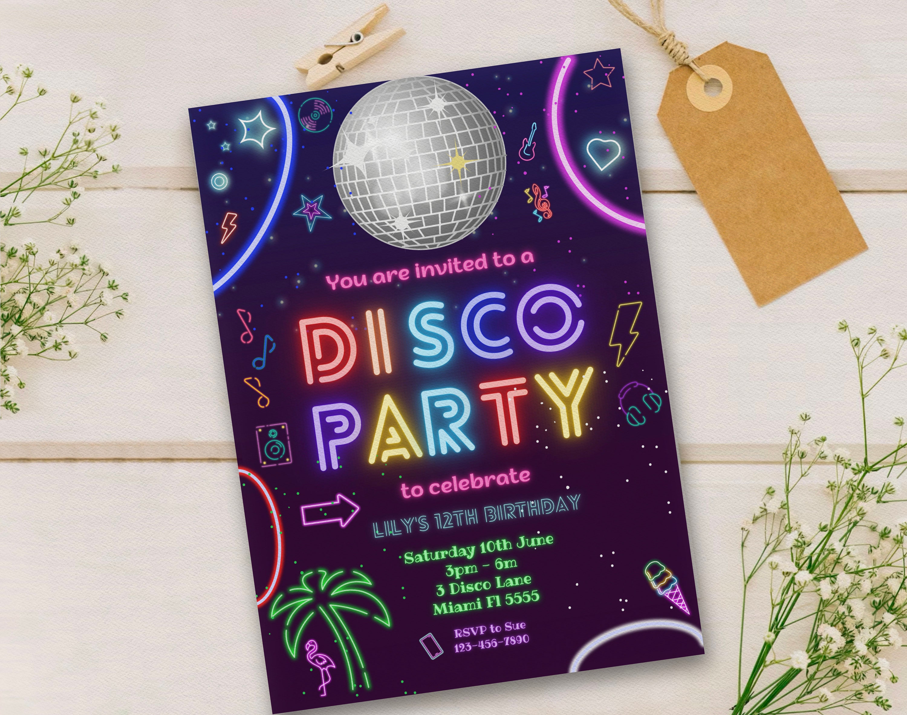 Disco Party Invitation Editable Disco Party Invitation Neon Glow Disco ...