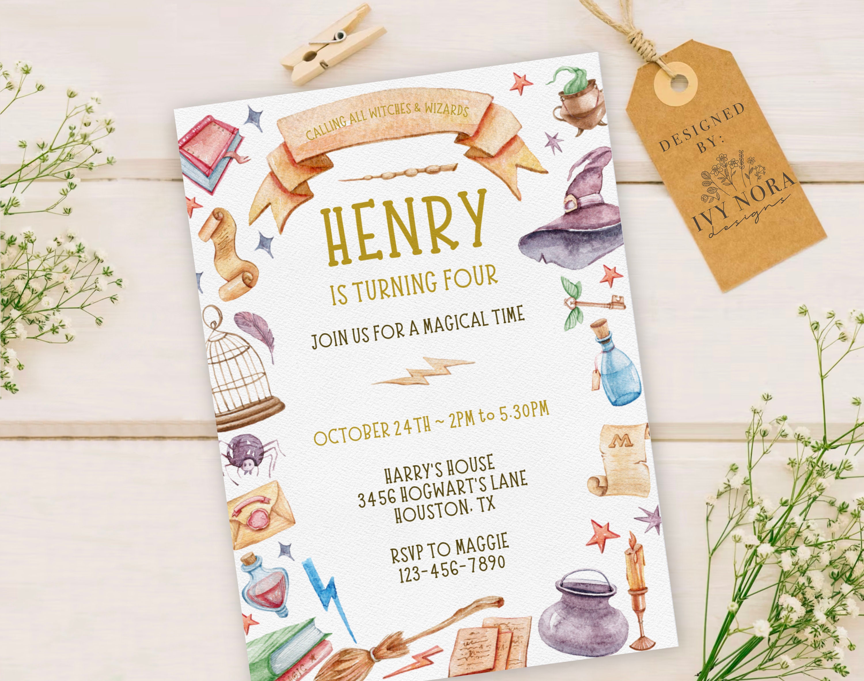 Wizard Birthday Editable Invitation Template Magical Wizard Watercolor ...