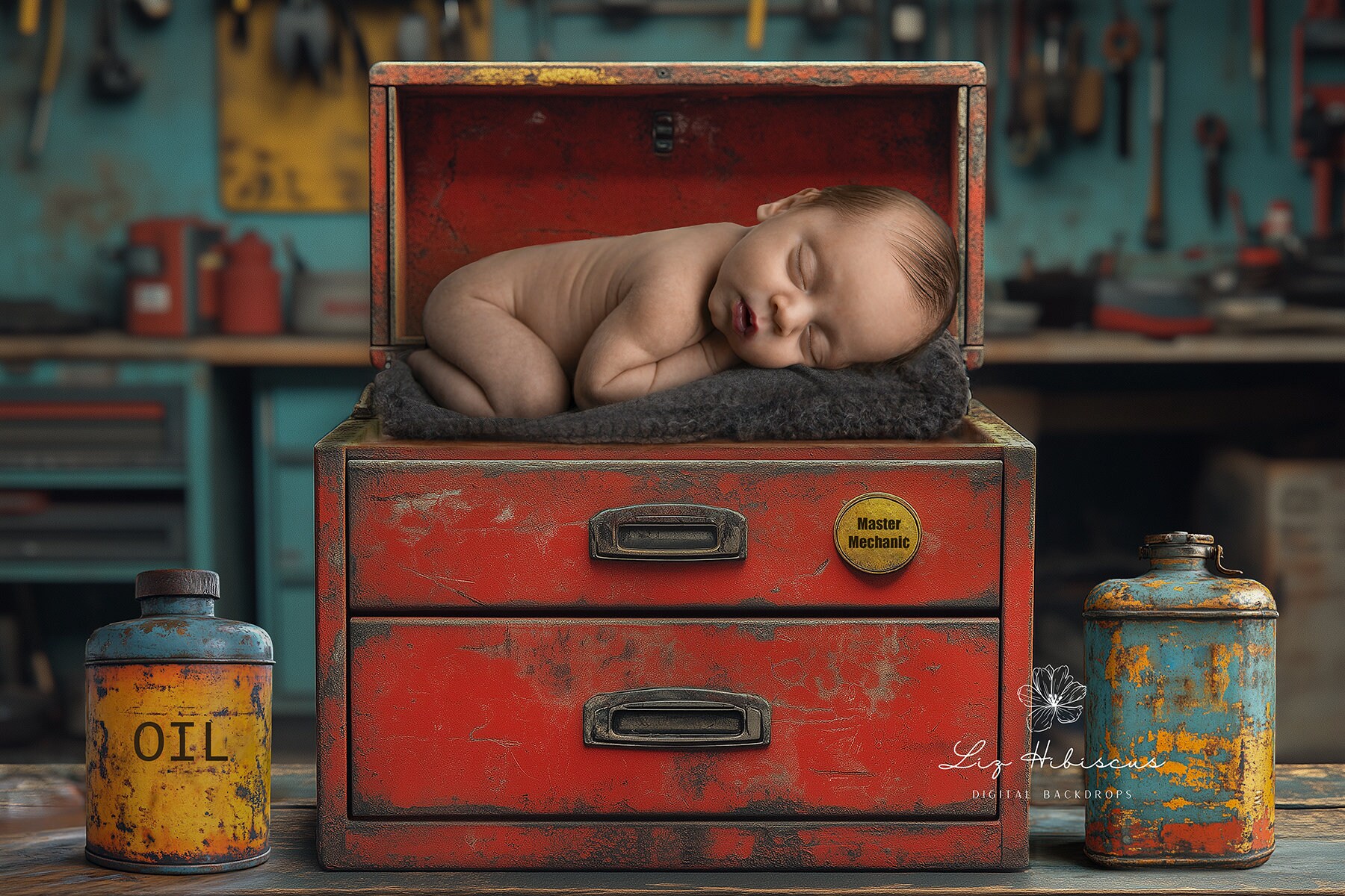 Boy, Mechanic, Garage, Boy, Tool Box, Newborn Digital Backdrop, Newborn ...