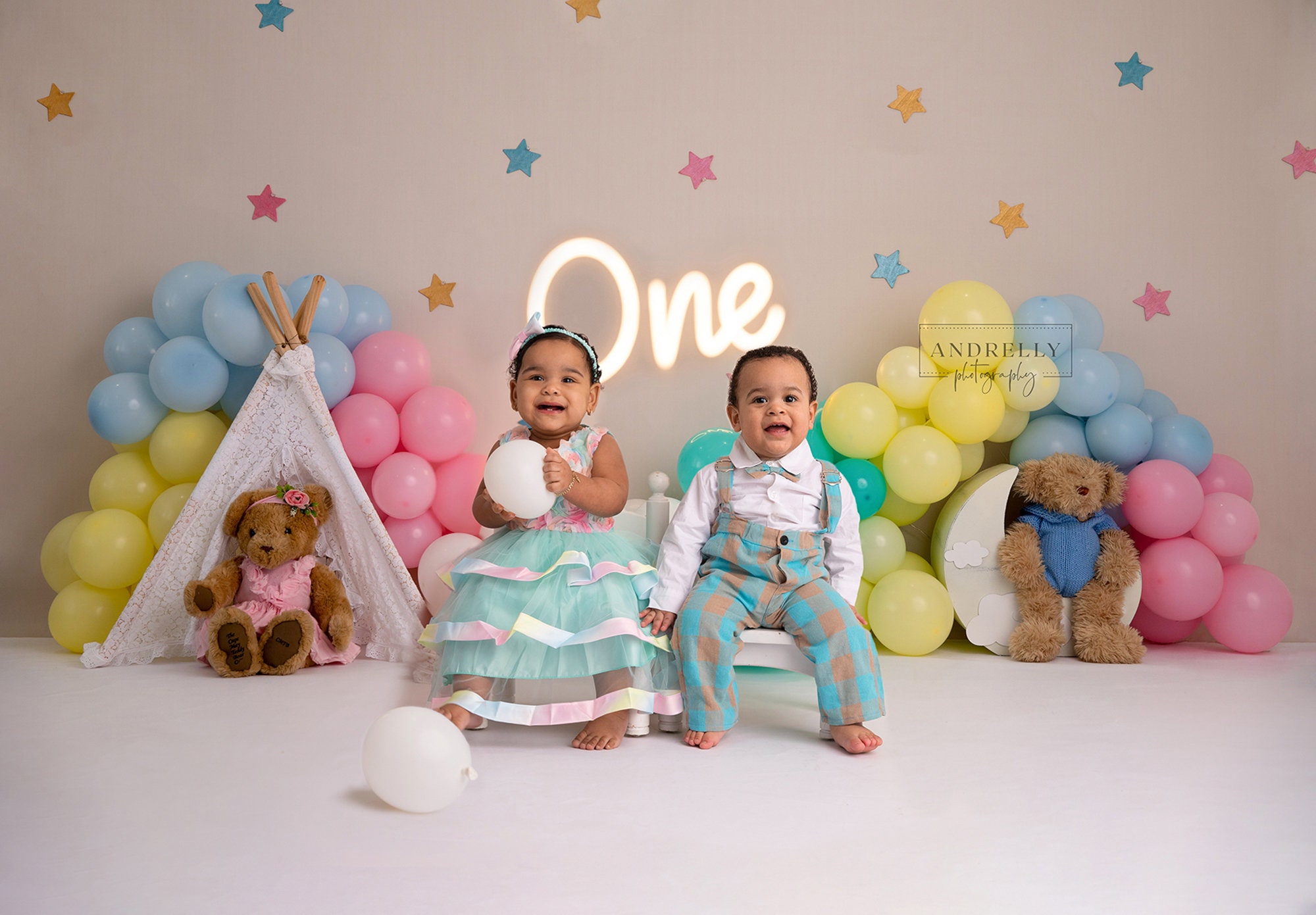 Birthday, Digital Backdrop, Twins First Birthday, Boy, Girl, Moon ...
