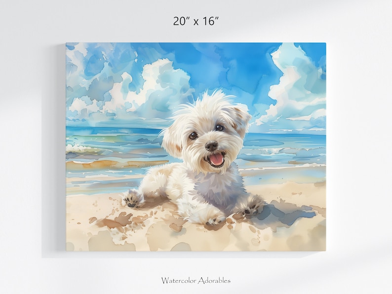 Maltese at the Beach Watercolor Canvas Print | Maltese Wall Art ...