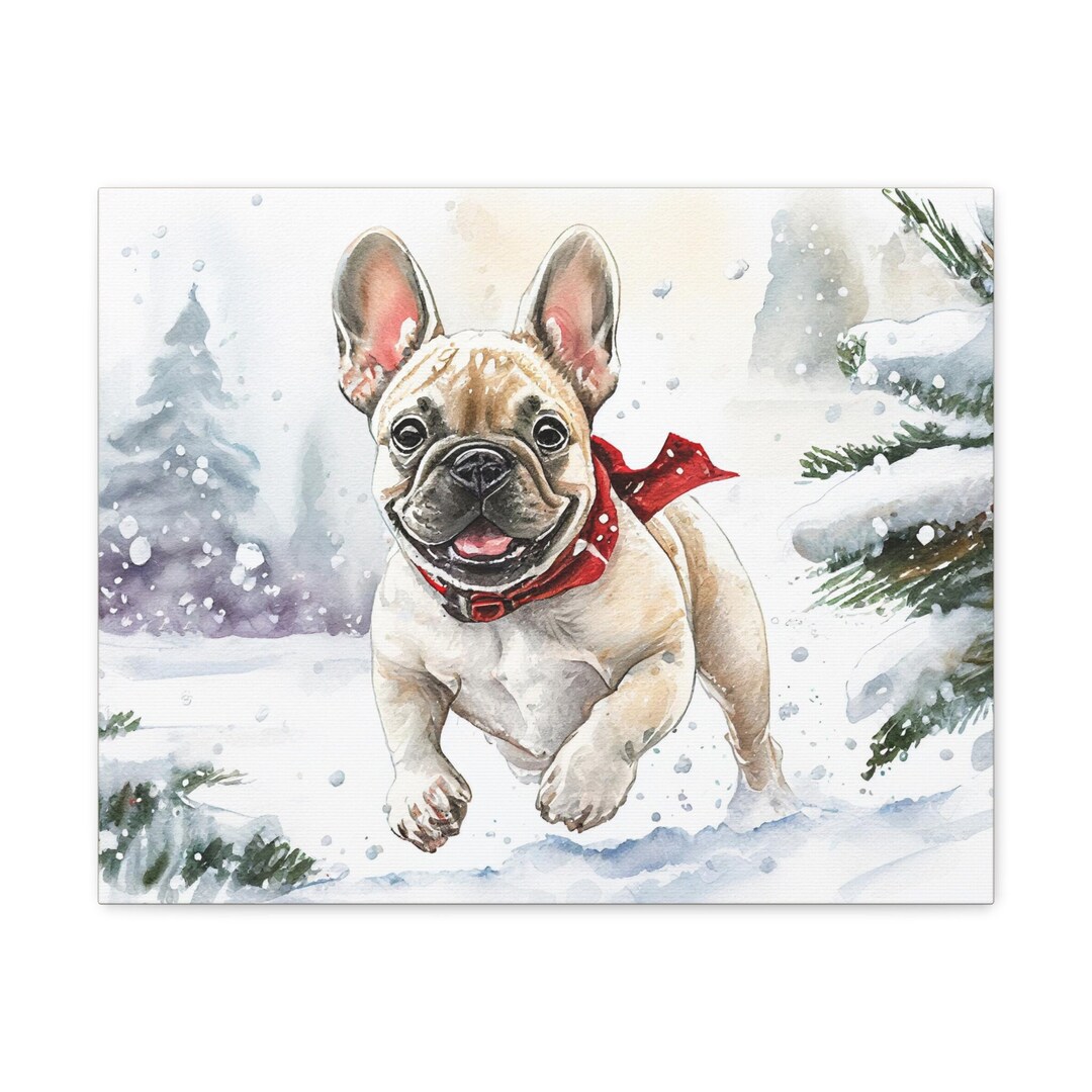 Frenchie in a Winter Wonderland Watercolor Canvas Print | French ...