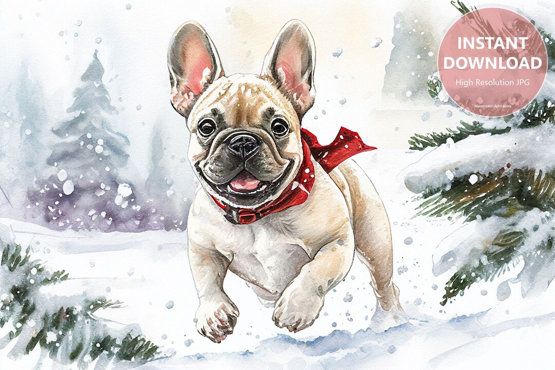 Frenchie in a Winter Wonderland Watercolor | French Bulldog Gift ...