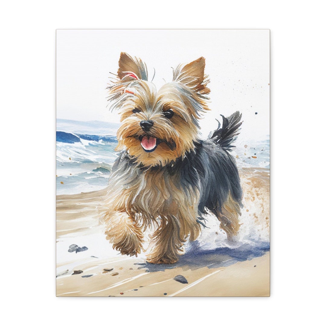 Yorkie at the Beach Canvas Print | Yorkshire Terrier Watercolor ...