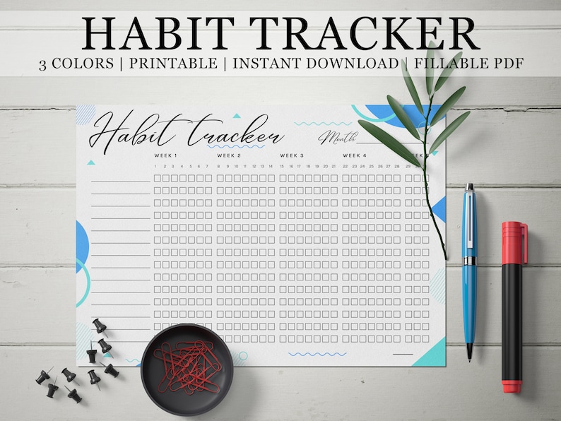 Monthly Habit Tracker Printable | 3 Colors | Fillable PDF - Etsy