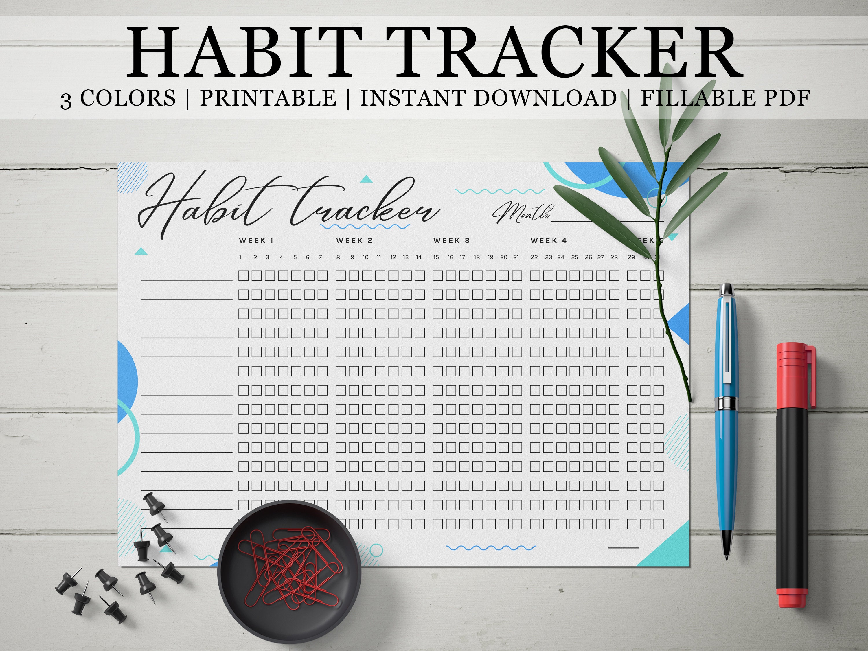 Monthly Habit Tracker Printable | 3 Colors | Fillable PDF - Etsy