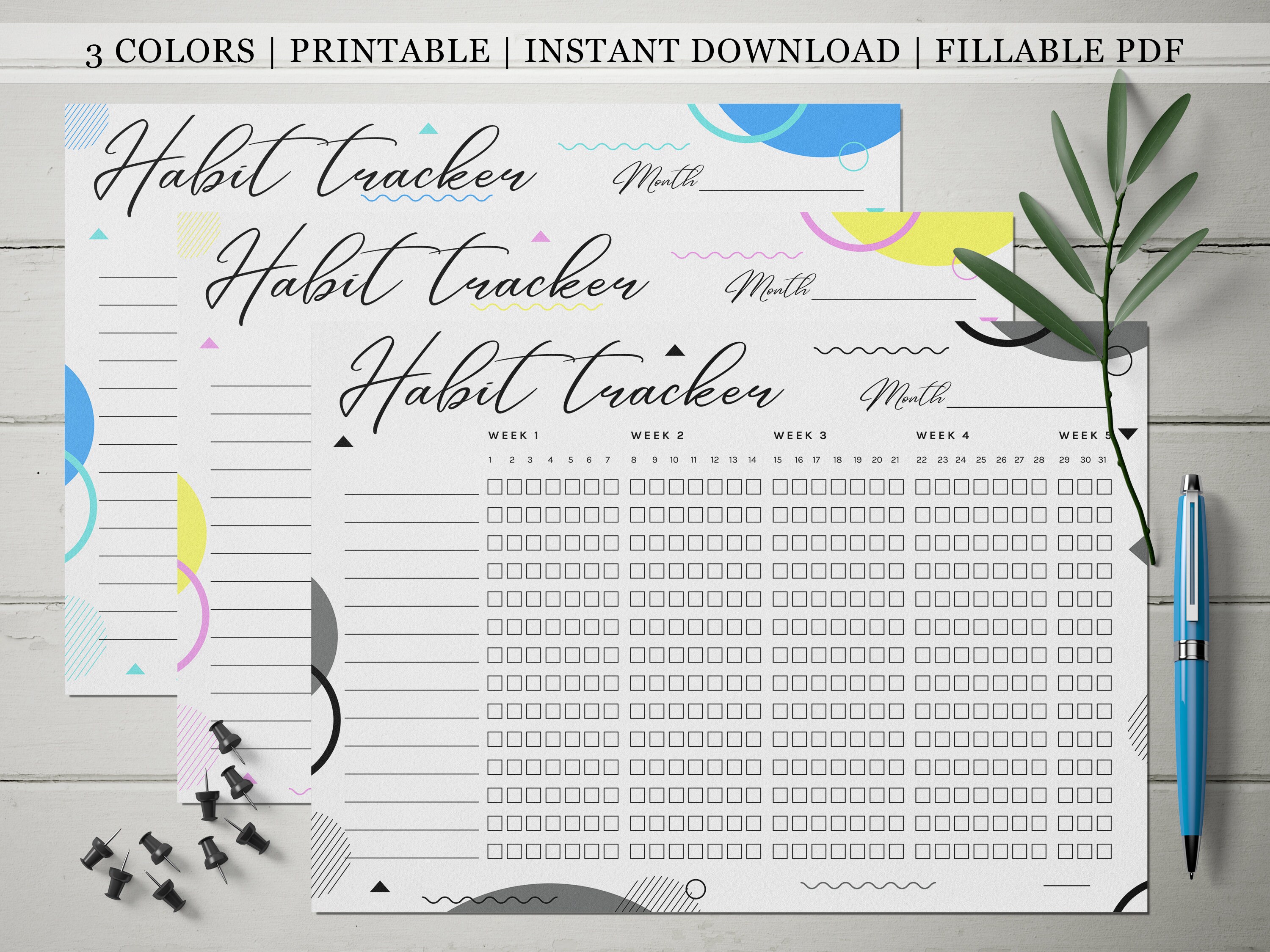 Monthly Habit Tracker Printable | 3 Colors | Fillable PDF - Etsy