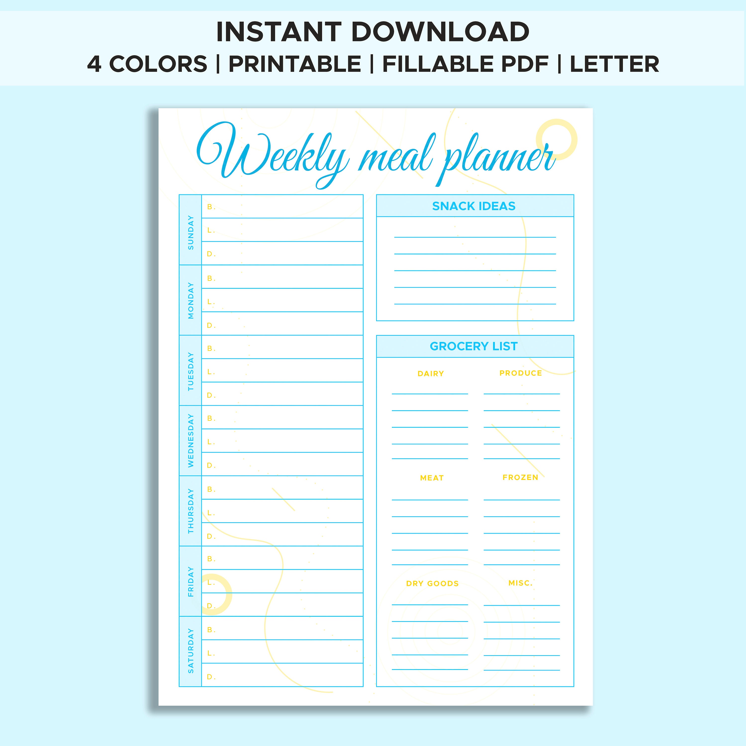 Weekly Meal Planner With Grocery List Printable 7 Day Meal Plan Food ...