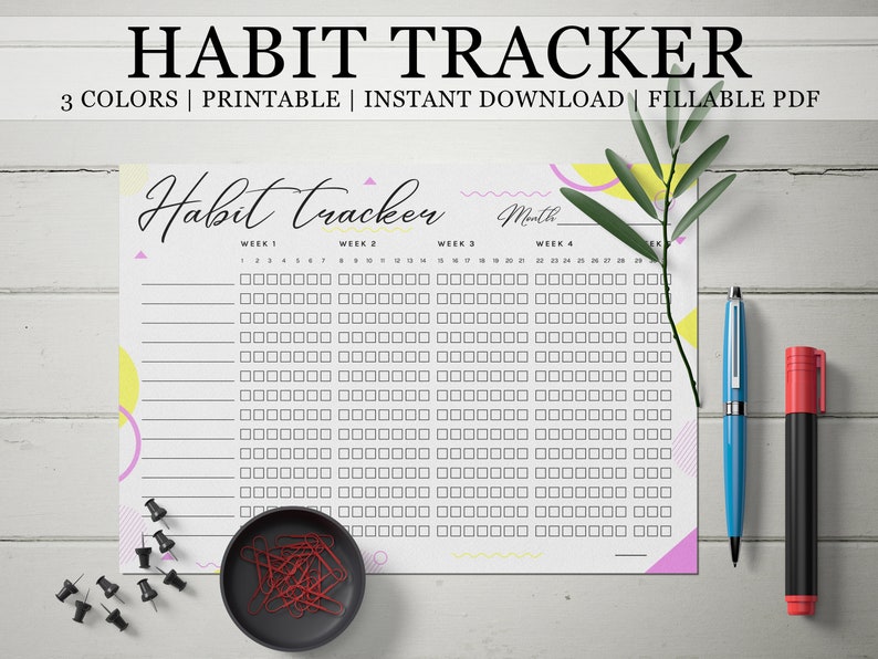 Monthly Habit Tracker Printable | 3 Colors | Fillable PDF - Etsy