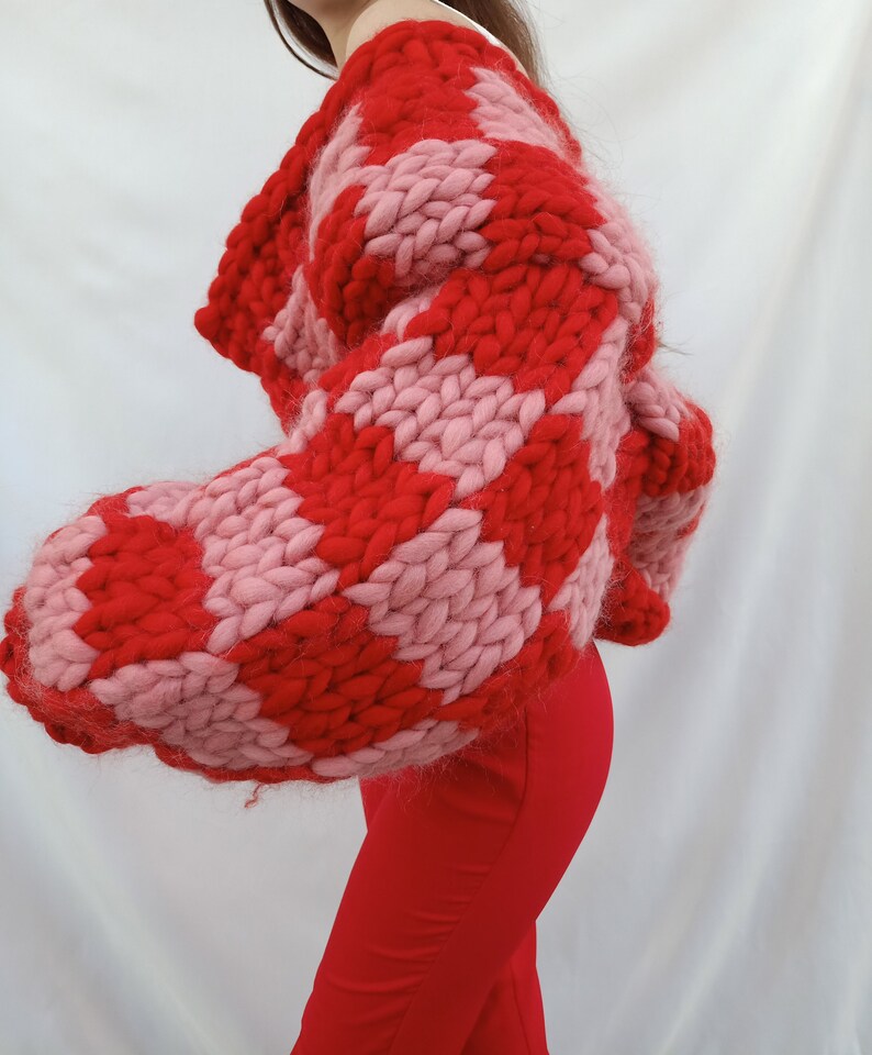 Checkered Chunky Cardigan, Knitted Cardigan, Hand Knit Cardigan ...