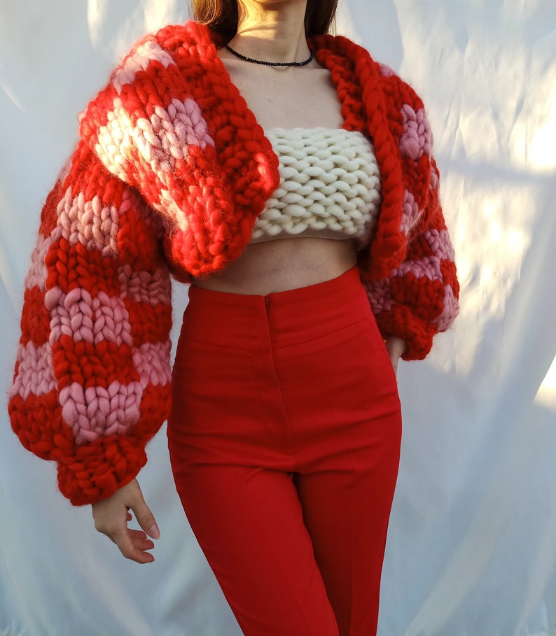Checkered Chunky Cardigan, Knitted Cardigan, Hand Knit Cardigan, Handmade, Balloon Sleeve ...