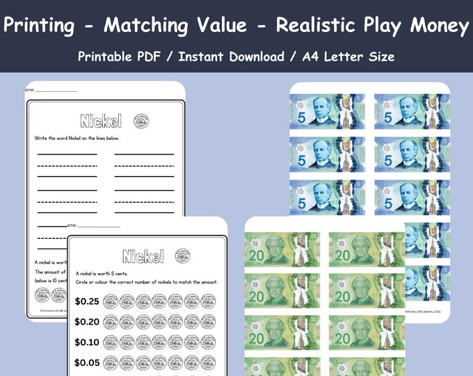 Canadian Realistic Play Money Practice Printing Coins and Bills Match ...