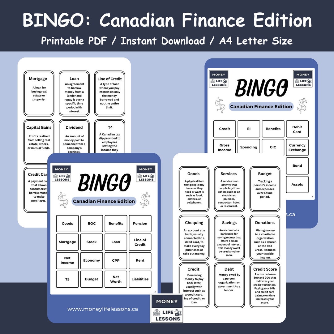 Canadian Finance Bingo Game - Fun to Play for All Ages - Etsy