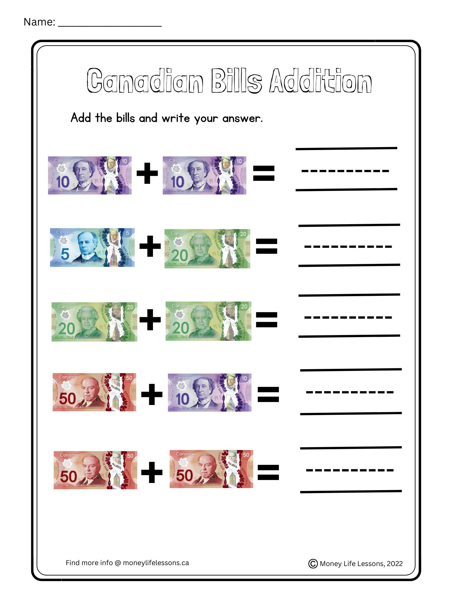 Canadian Realistic Play Money Money Addition Matching Money to Value ...