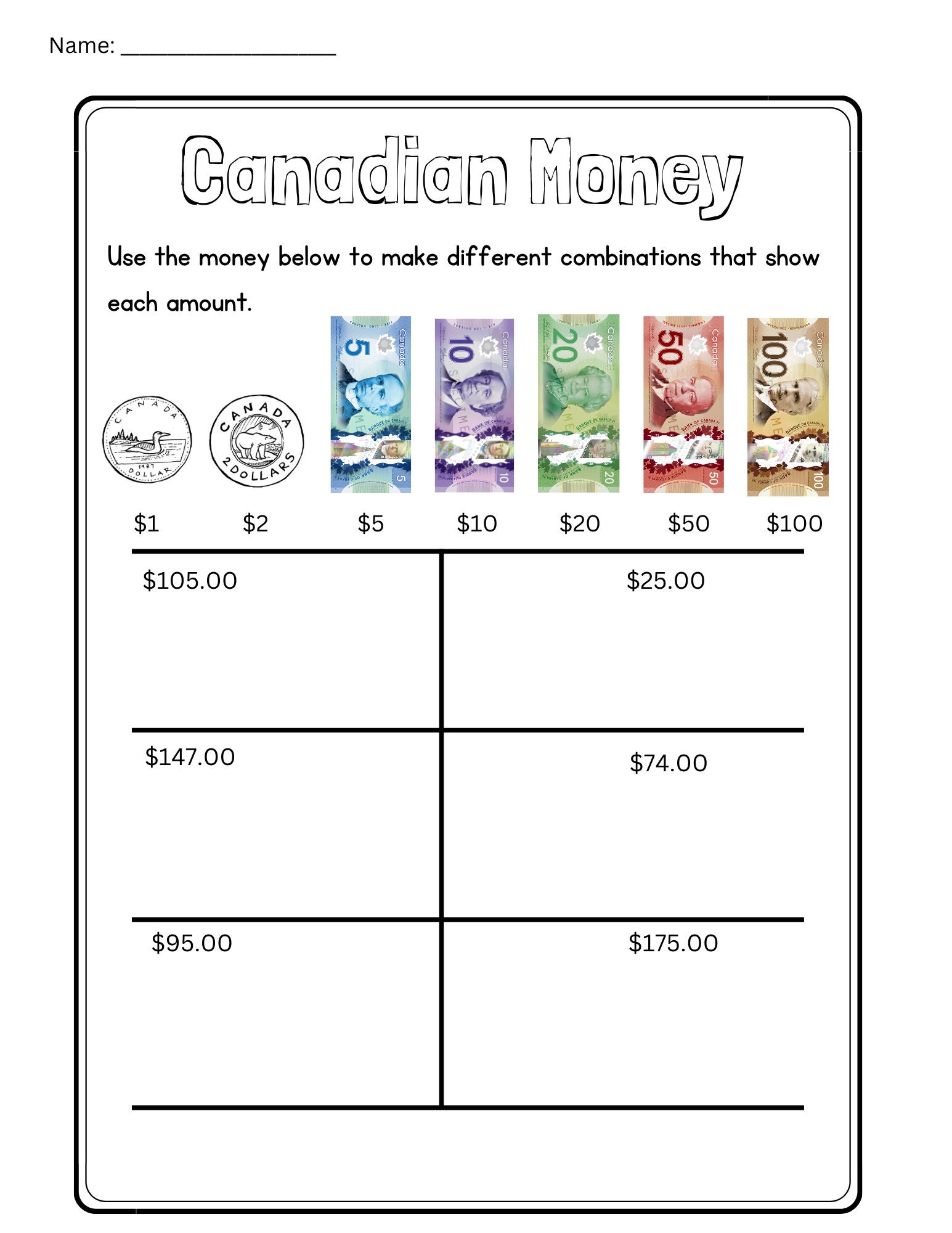 Canadian Realistic Play Money Money Addition Matching Money to Value ...