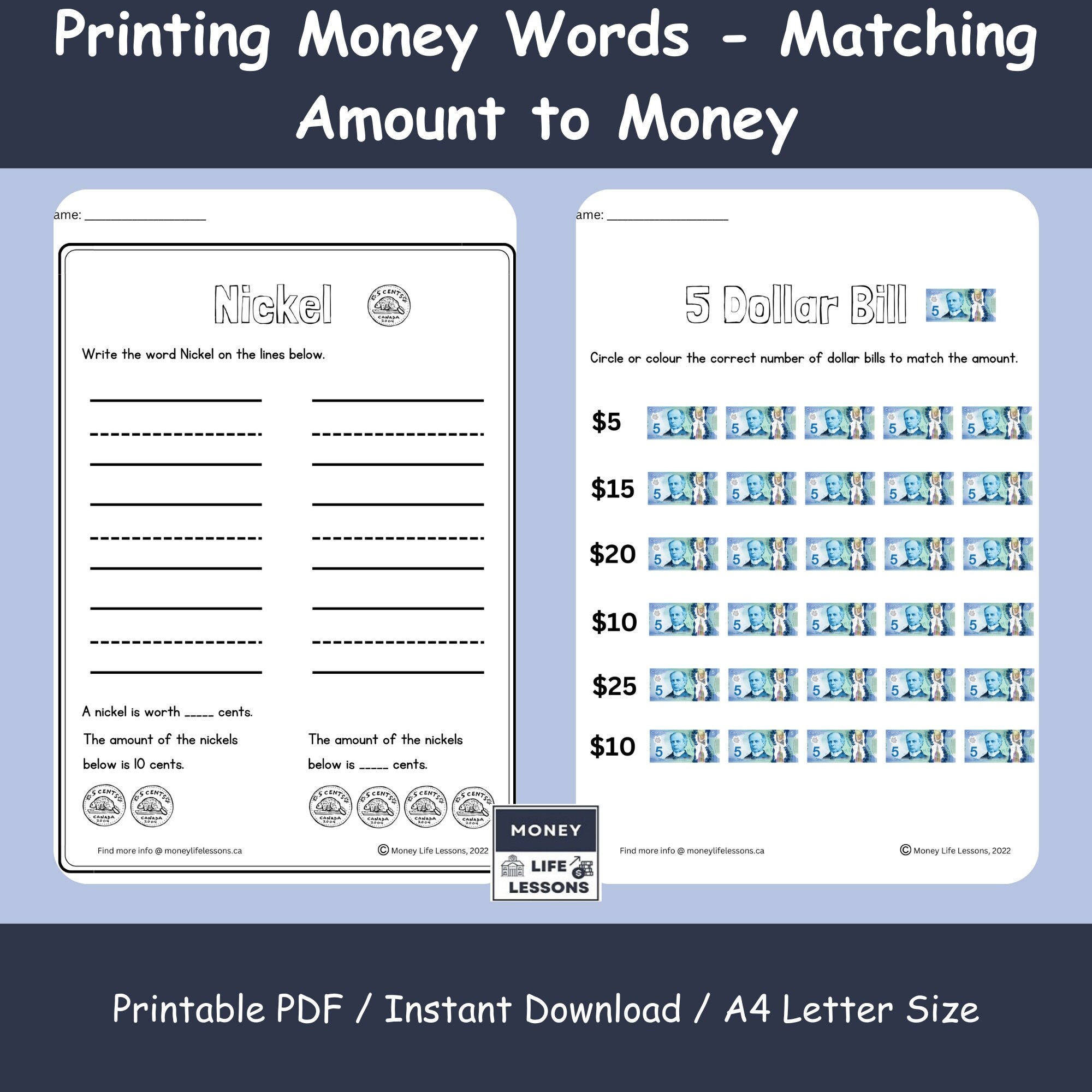 Printing Words for Coins and Bills - Matching the Amount - Canadian ...
