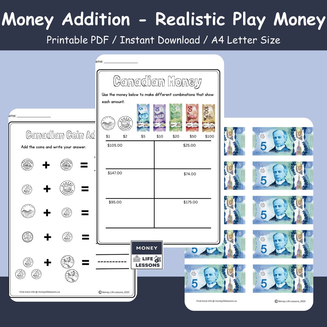 Canadian Realistic Play Money Money Addition Matching Money to Value ...