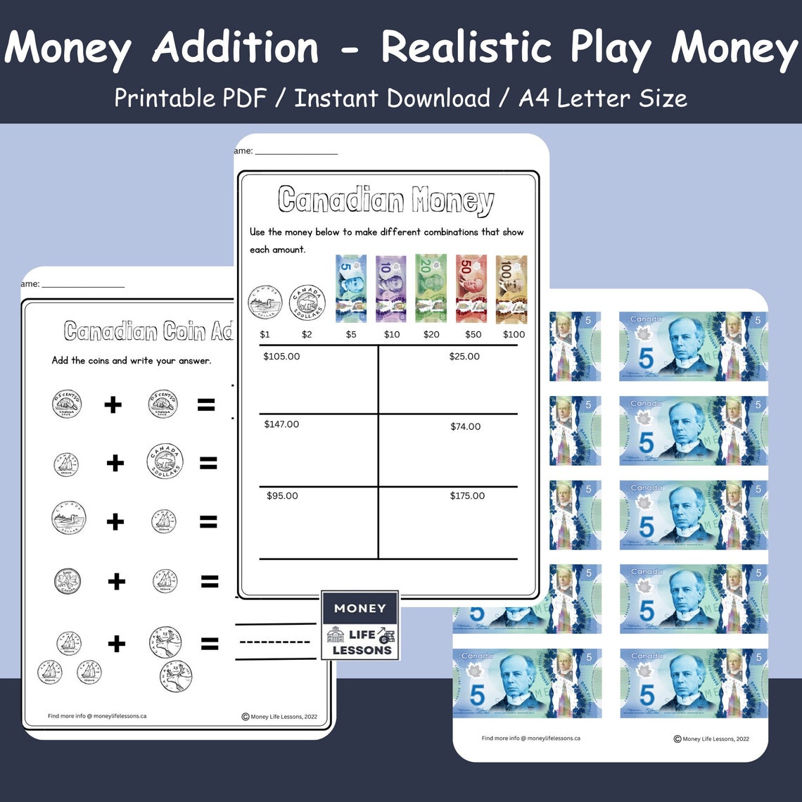Canadian Realistic Play Money Money Addition Matching Money to Value ...