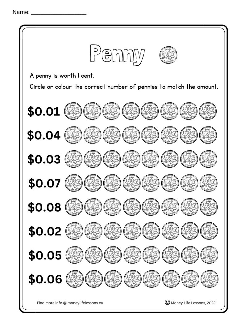 Printing Words for Coins and Bills - Matching the Amount - Canadian ...