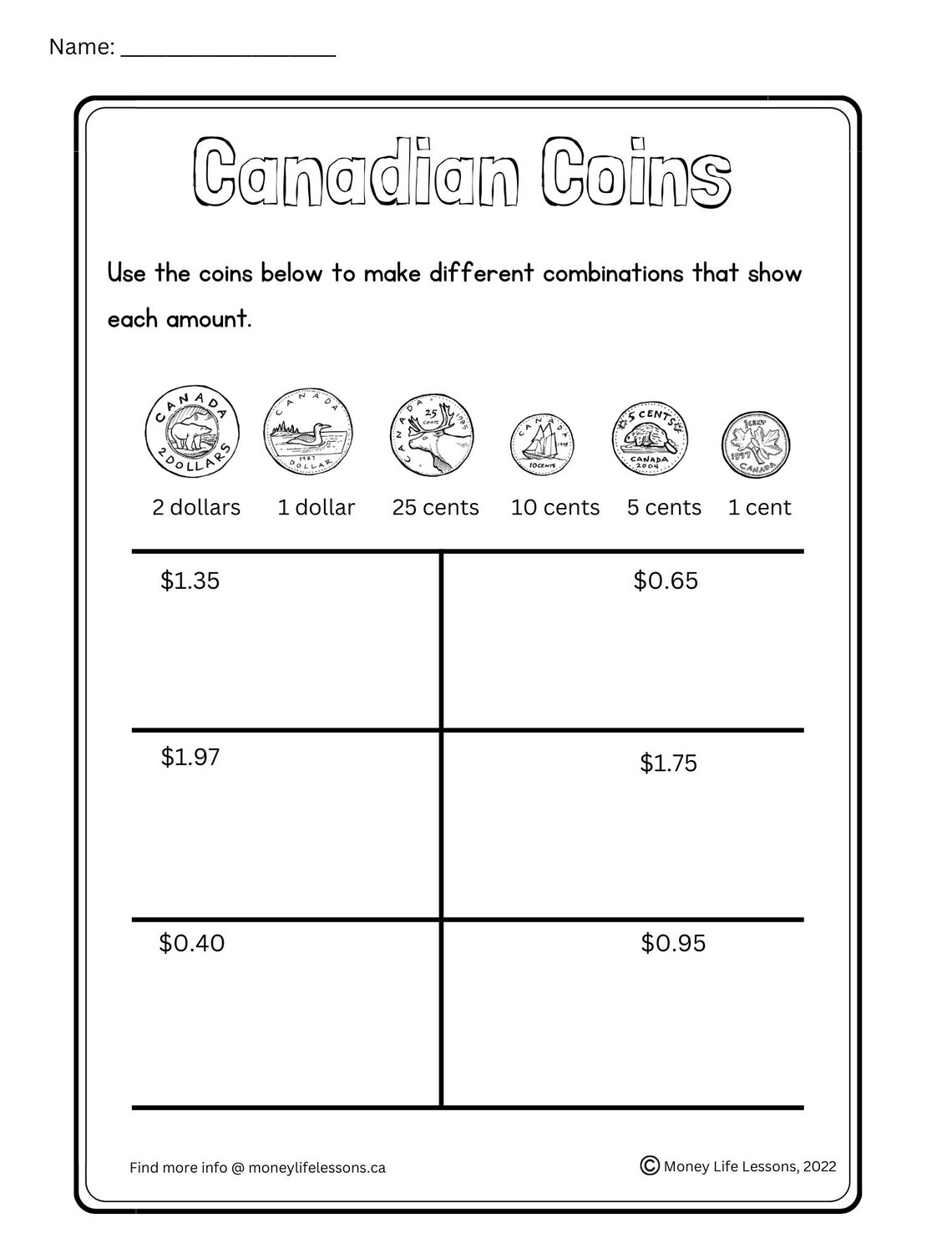 Canadian Money Addition - Matching Money to Value - Digital Print ...