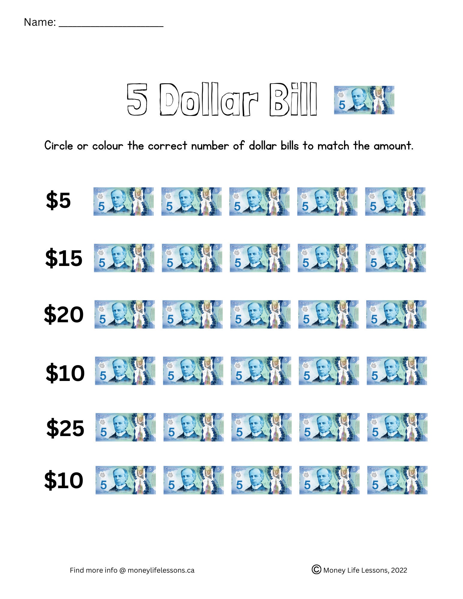 Printing Words for Coins and Bills - Matching the Amount - Canadian ...
