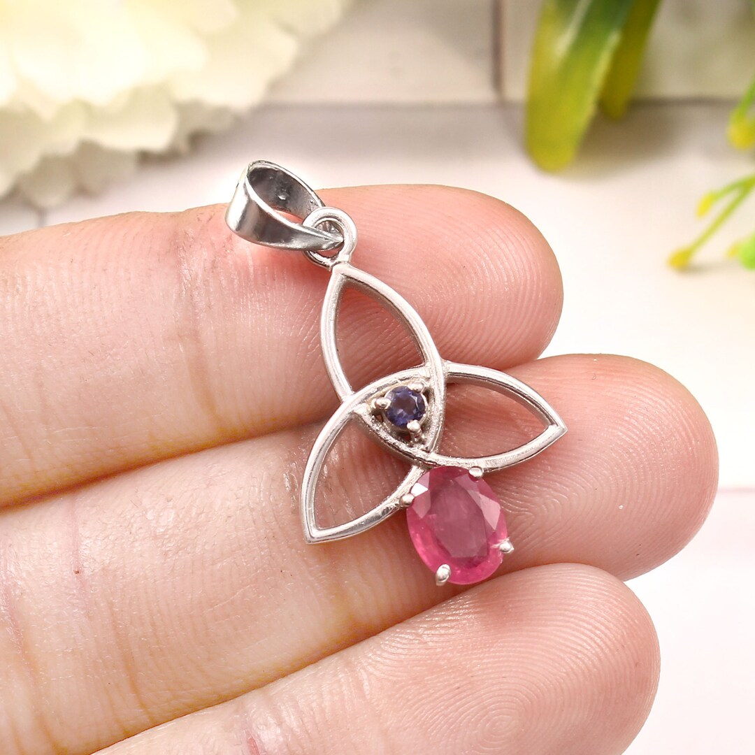 Natural Glass Filling Ruby Gemstone With Iolite Pendant, 925 Sterling ...