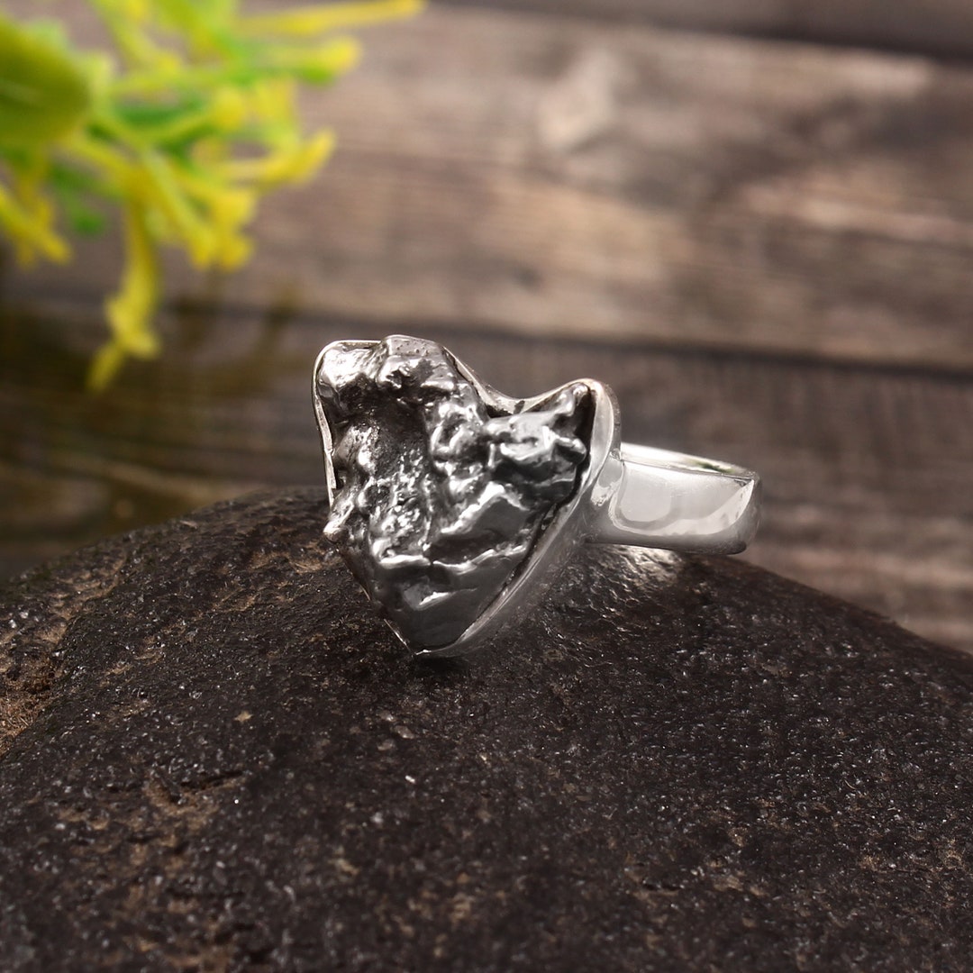Natural Meteorite Raw Stone Ring, 925 Sterling Silver Ring, Handmade ...