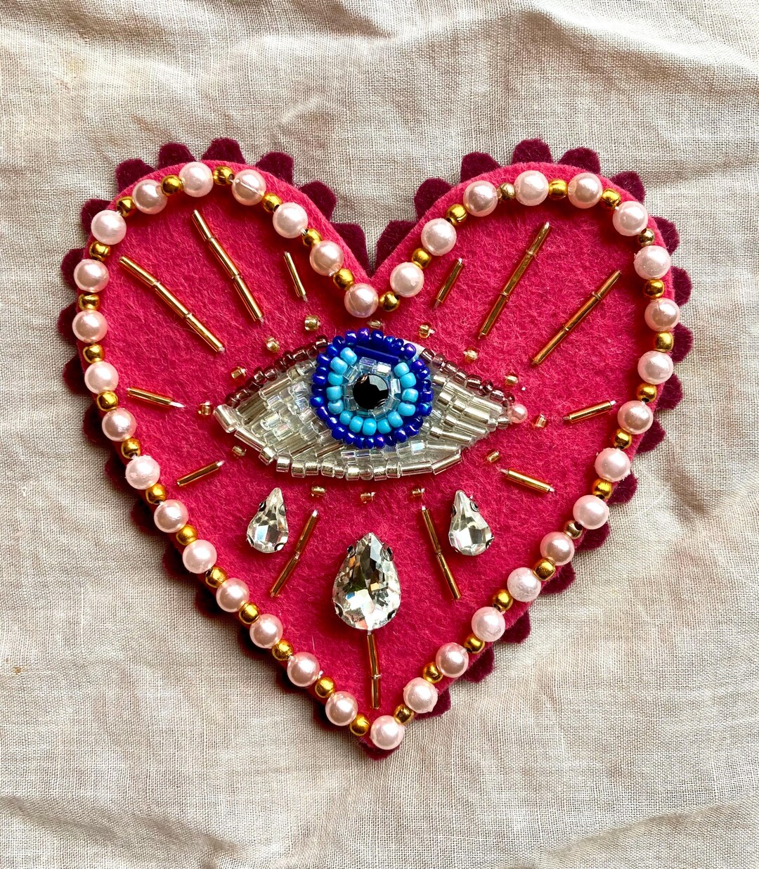 Hand Embroidered Crying Eye Heart Beaded Felt Sew on Patch // Handmade ...