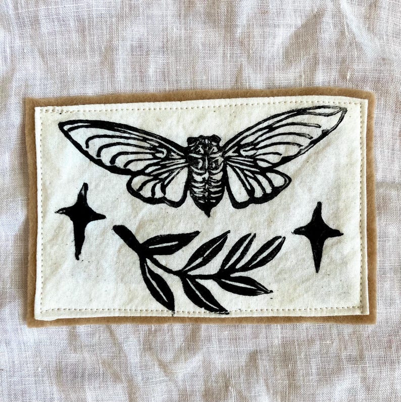 Cicada Insect Patch With Leaves Stars//handmade Linocut Block Print Sew on Witchy/whimsigoth ...