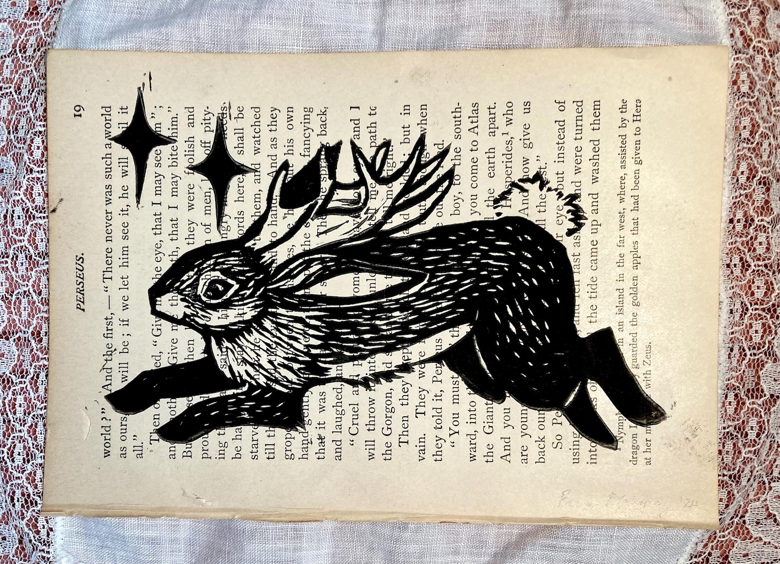 Jackalope and Stars Original Art Print// Handmade Linocut Block Print ...
